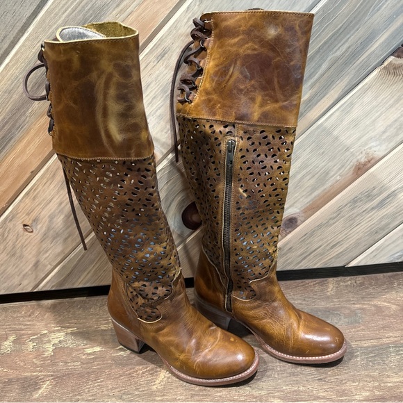 Freebird by Steven | Shoes | Euc Freebird Creek Cognac Latticework Corset Laced Zipper Knee High ...